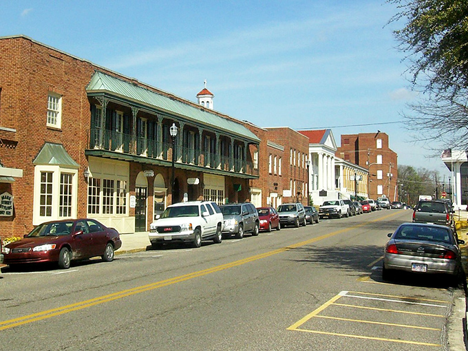 Historic buildings house local businesses where neighbors still greet each other by name every morning.