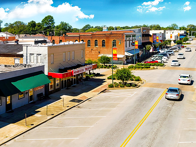 The Princess Theatre's vibrant red marquee stands as the crown jewel of Lexington's walkable downtown shopping district.