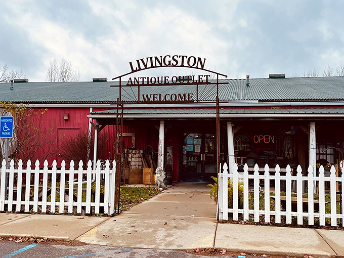 Livingston Antique Outlet: "Red barn charm with a 'WELCOME' sign that means business. Your grandmother's attic just got jealous."