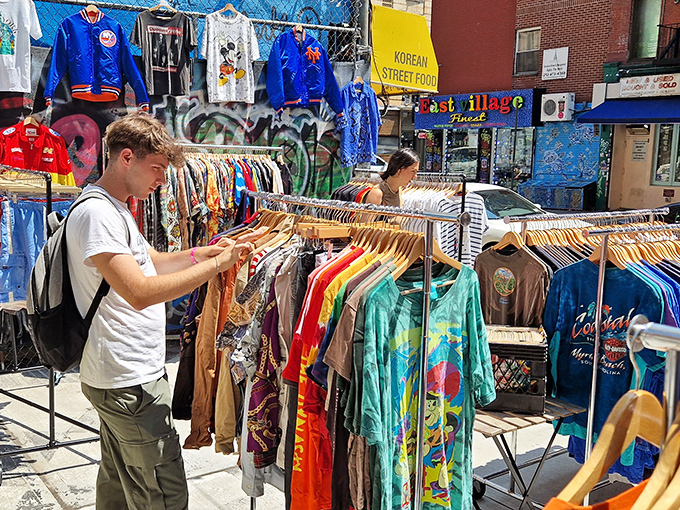 Rack-diving at Ludlow Flea feels like time travel. That perfect vintage Mets jersey might be hiding between someone's old concert tees!