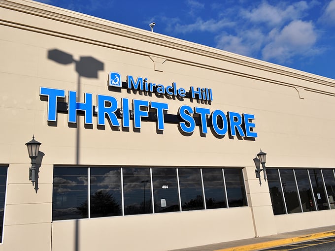 Bold blue letters against cream-colored walls &ndash; Miracle Hill's fa&ccedil;ade is as straightforward as their incredible deals inside.