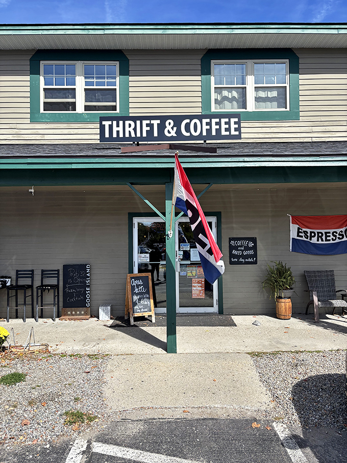 The perfect pairing&mdash;thrifting and coffee! This cozy green-trimmed building houses both treasures and treats for weary shoppers in the White Mountains.