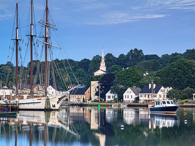 The Connecticut River reflects Mystic's maritime soul, where history floats alongside modern dreams.