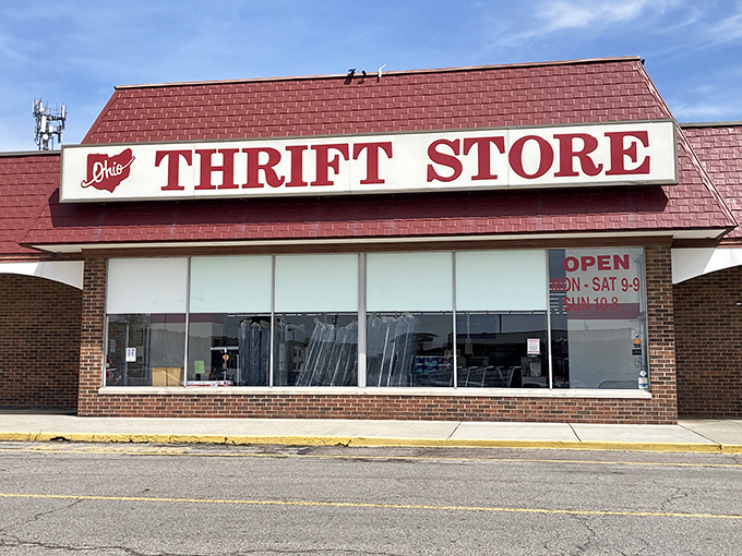The classic red and white Ohio Thrift Store sign beckons bargain hunters to this spacious location.
