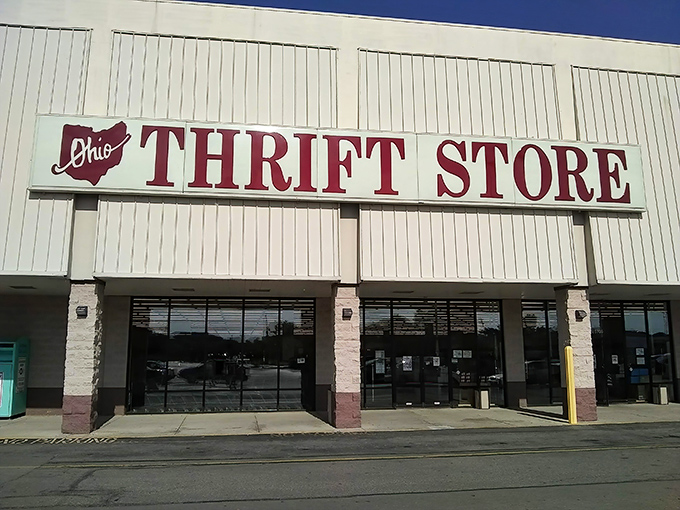 The iconic Ohio-shaped logo welcomes thrifters to a world where yesterday's items become tomorrow's treasures.