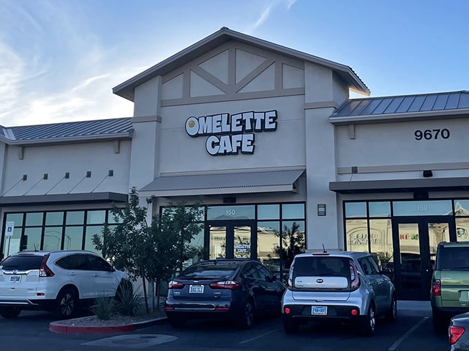 Morning sunshine bathes the Omelette Cafe, where Las Vegas locals line up for plate-sized breakfast creations.