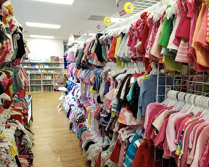 Rainbow-bright racks of tiny clothes organized better than most department stores - parents, you've found paradise.