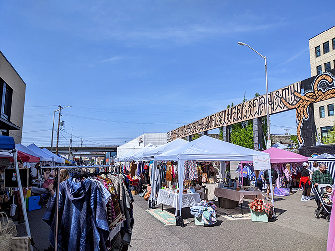 White tents line up like soldiers of style at Portland Flea, where the city's creative spirit shines through every carefully selected vendor.