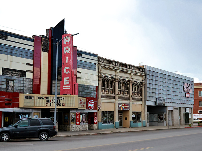 The famous Price Theater marquee beckons like a beacon of entertainment in Utah's red rock country.