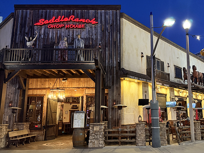 When the sun sets, this western-themed chophouse glows like a cowboy's campfire dream.