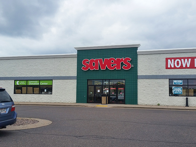 Clear skies and clearance finds! This thrift shop's clean exterior hints at the organized bargain paradise waiting inside.