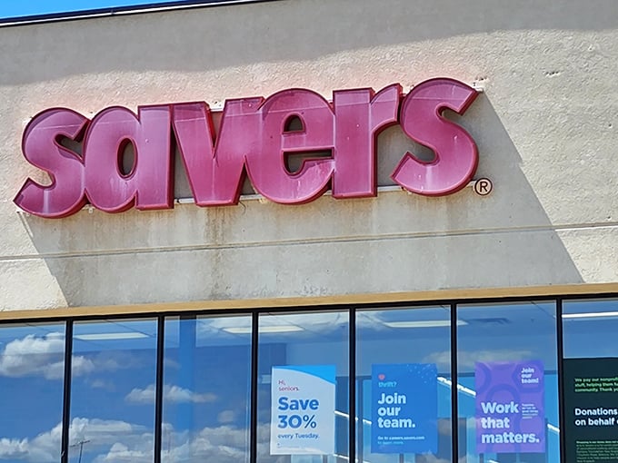 That iconic purple Savers logo means business! This thrift superstore stands ready to fulfill your bargain-hunting dreams.