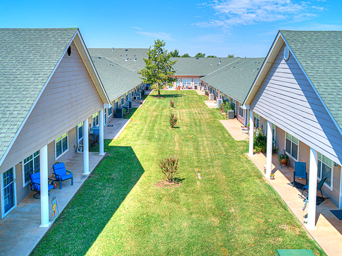 Aerial view reveals thoughtfully designed courtyards where community spirit naturally takes root and flourishes.