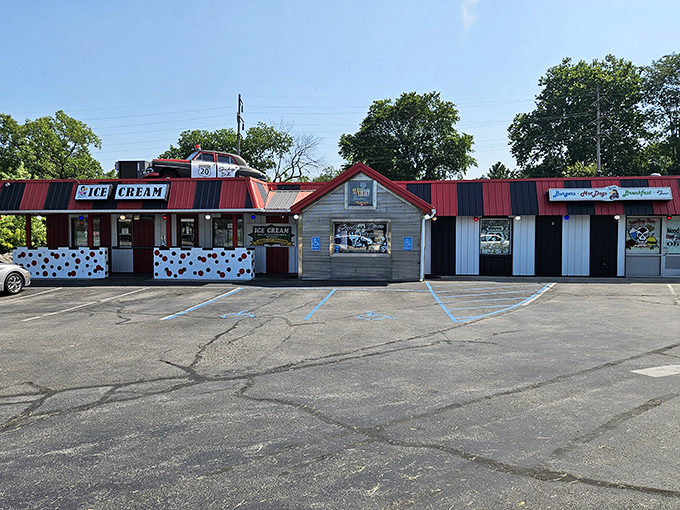 Summer sunshine makes this roadside gem pop with its playful police-themed name and promise of sweet treats.