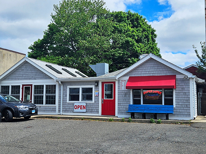 That blue bench has witnessed countless perfect hot dog moments and satisfied smiles over the years.
