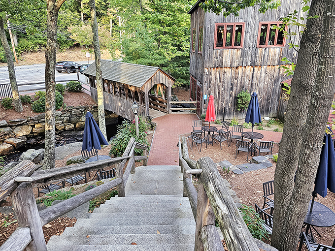 Rustic wooden beams and tranquil waters create the perfect backdrop for contemplating the meaning of a perfectly cooked ribeye.