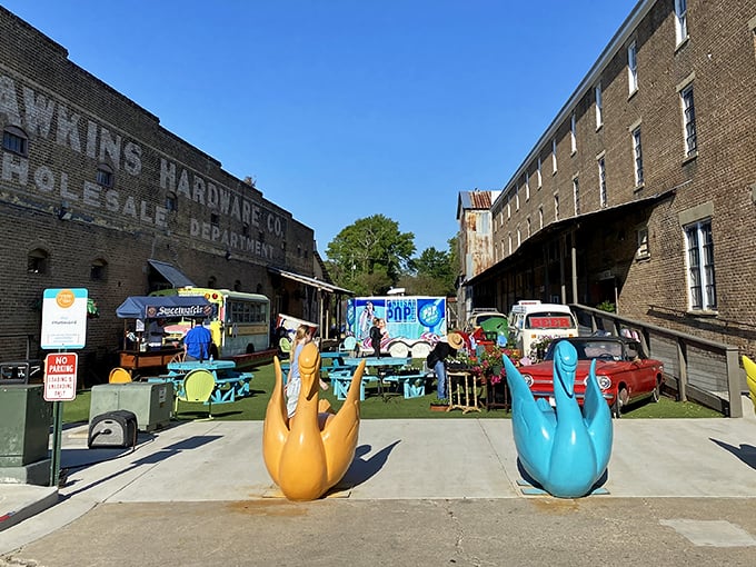 Colorful art installations outside add whimsy to this vintage marketplace where creativity meets community in delightful ways.