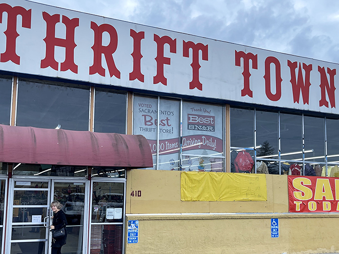 The classic thrift store facade hides aisles of surprises, from vintage gems to everyday essentials at unbeatable prices.