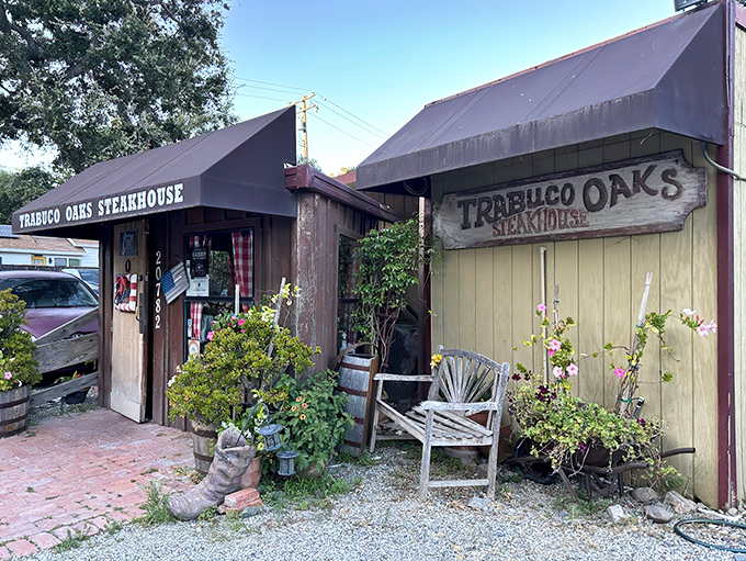 This rustic wooden entrance with its weathered bench says "leave your pretensions at the door, but bring your appetite."
