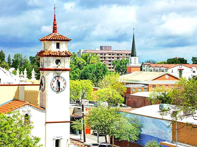 That clock tower watches over downtown like a friendly grandfather keeping perfect retirement time.