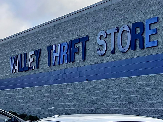 Blue and mighty! Valley Thrift Store's exterior hints at the avalanche of treasures waiting inside those doors.
