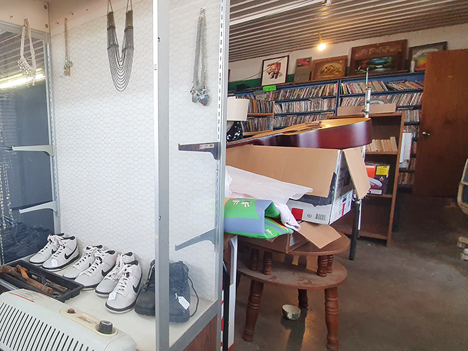 Rows of curiosities stretch endlessly, creating a maze where time disappears and discoveries multiply.