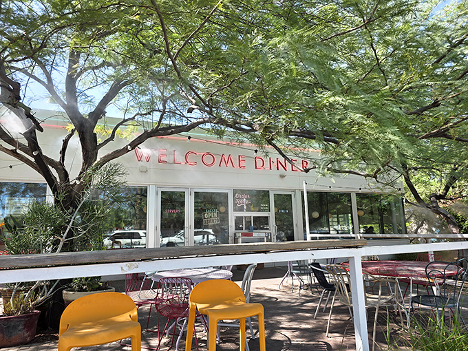 Shaded tables outside Welcome Diner offer the perfect spot to savor biscuits while soaking up that famous Arizona sunshine.