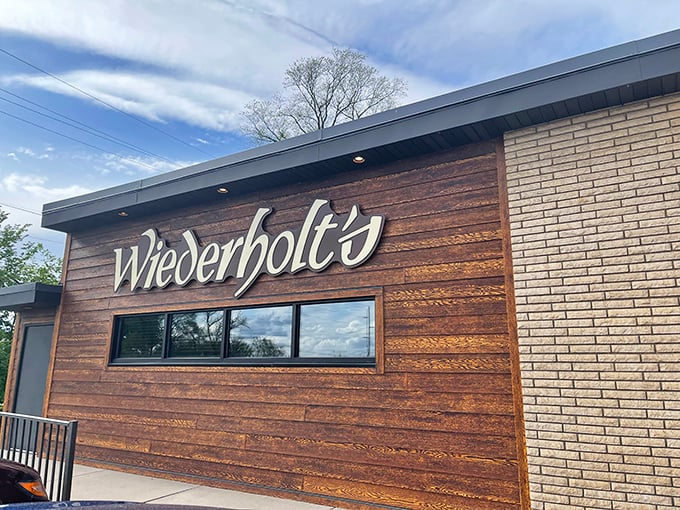 The perfect blend of brick and wood &ndash; like Wiederholt's steaks, this exterior has stood the test of time for good reason.