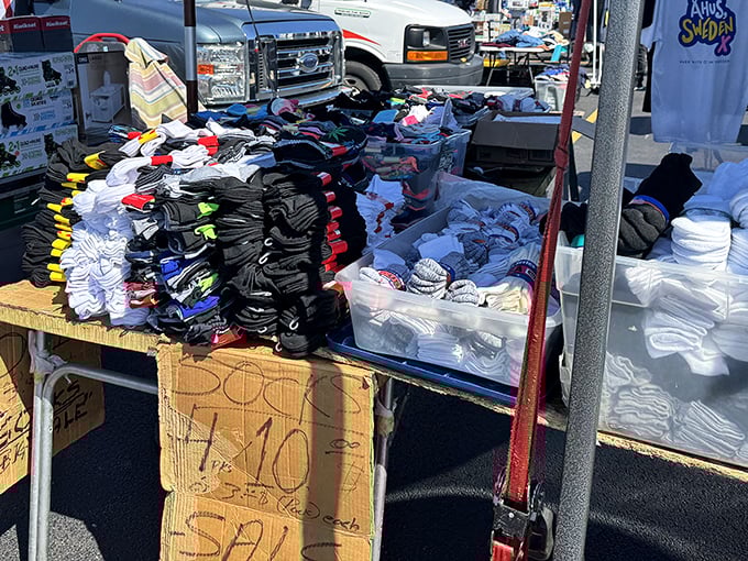 Sock-a-palooza! A mountain of foot fashion that would make Marie Kondo weep&mdash;black, white, and rainbow colors promising warm toes and empty wallets.