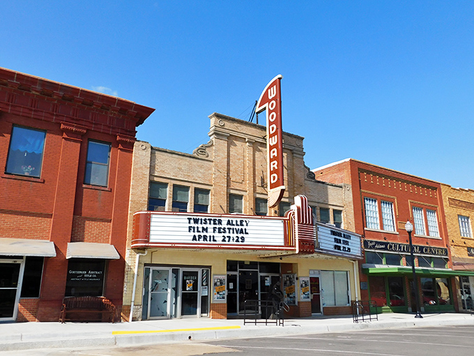 The Woodward Theatre marquee announces events like a friendly neighbor sharing the latest good news.