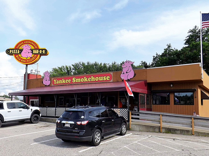 Where New England practicality meets Southern BBQ tradition. That pink pig knows what's up at Yankee Smokehouse.