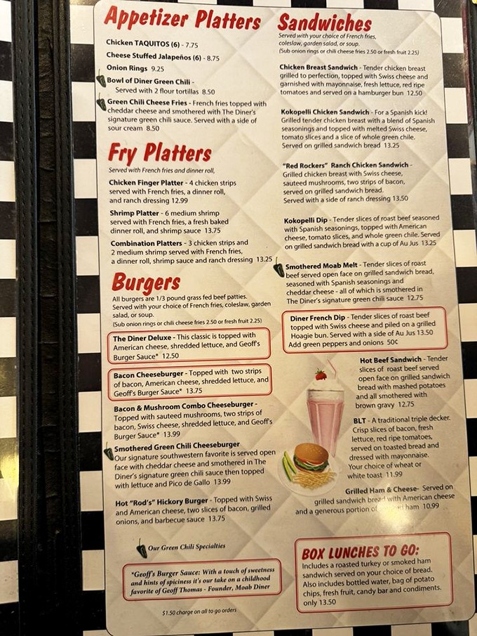 This menu isn't just a list of food&mdash;it's a roadmap to happiness. The "Geoff's Burger Sauce" description alone is worth the trip to Moab.