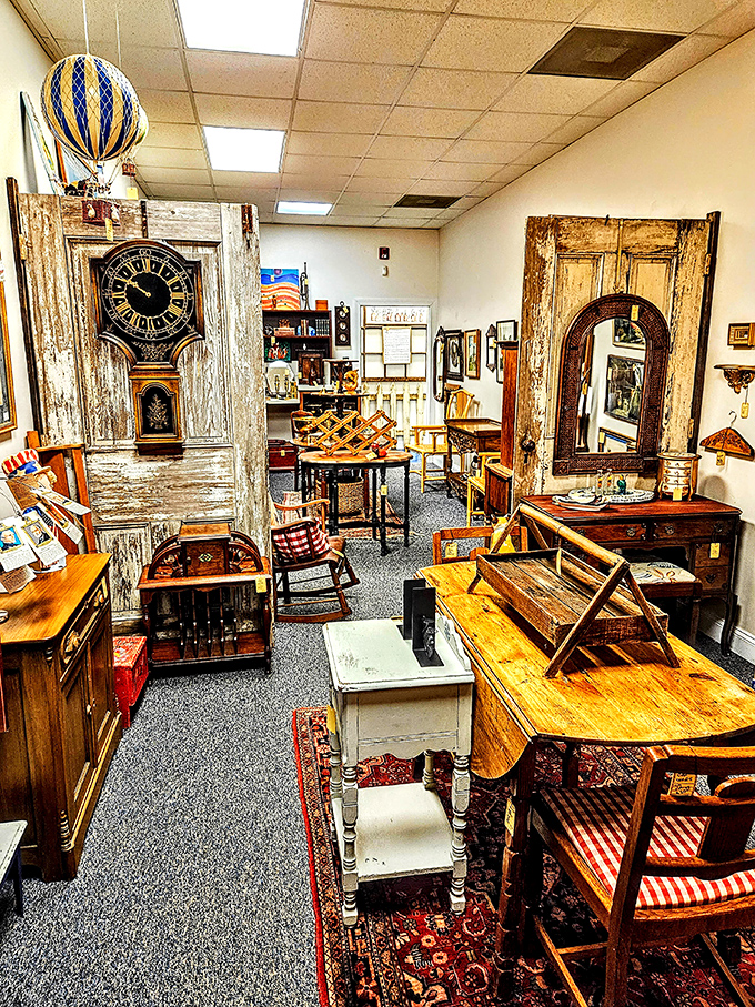 Every aisle tells a story at Two Crows, where grandfather clocks and weathered wooden tables create a museum where everything's for sale.