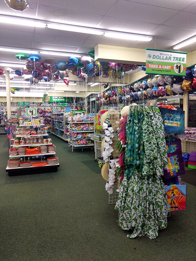 A glimpse of dollar store paradise with its colorful balloons and packed shelves. The party section alone could outfit celebrations from baby showers to retirement parties.