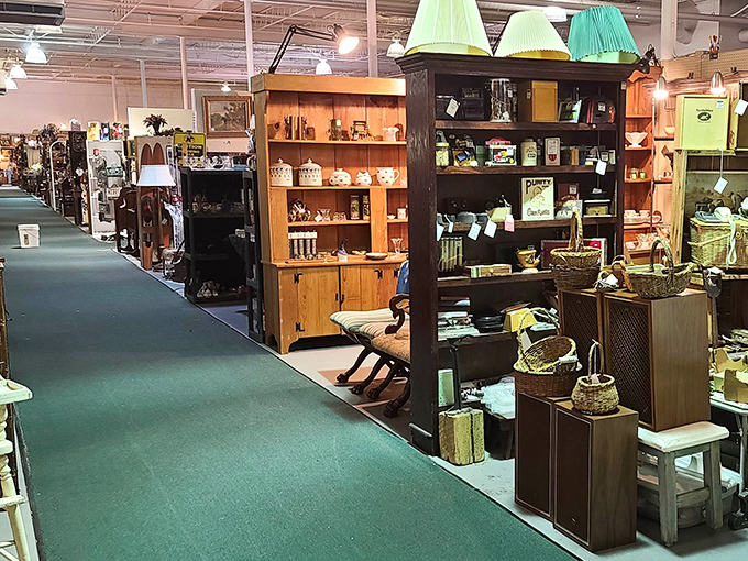 Green carpet pathways lead you through history like the yellow brick road of nostalgia. Each booth is its own museum of American life.