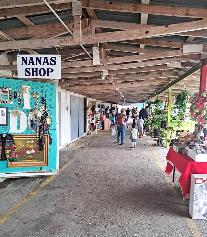 "Nana's Shop" beckons with its cheerful sign, proving that grandmothers have always known where to find the good stuff.