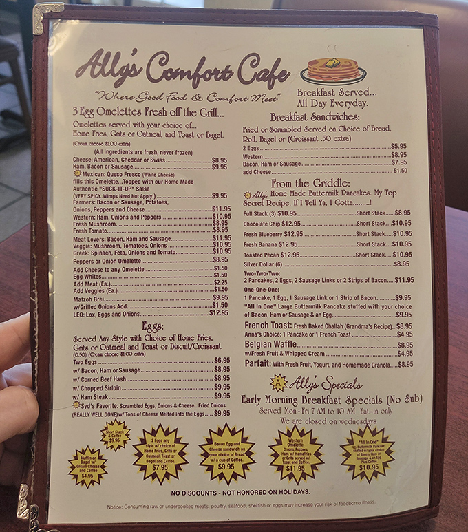 The menu reads like a love letter to breakfast classics, with "secret recipe" pancakes that have customers pledging lifelong loyalty.