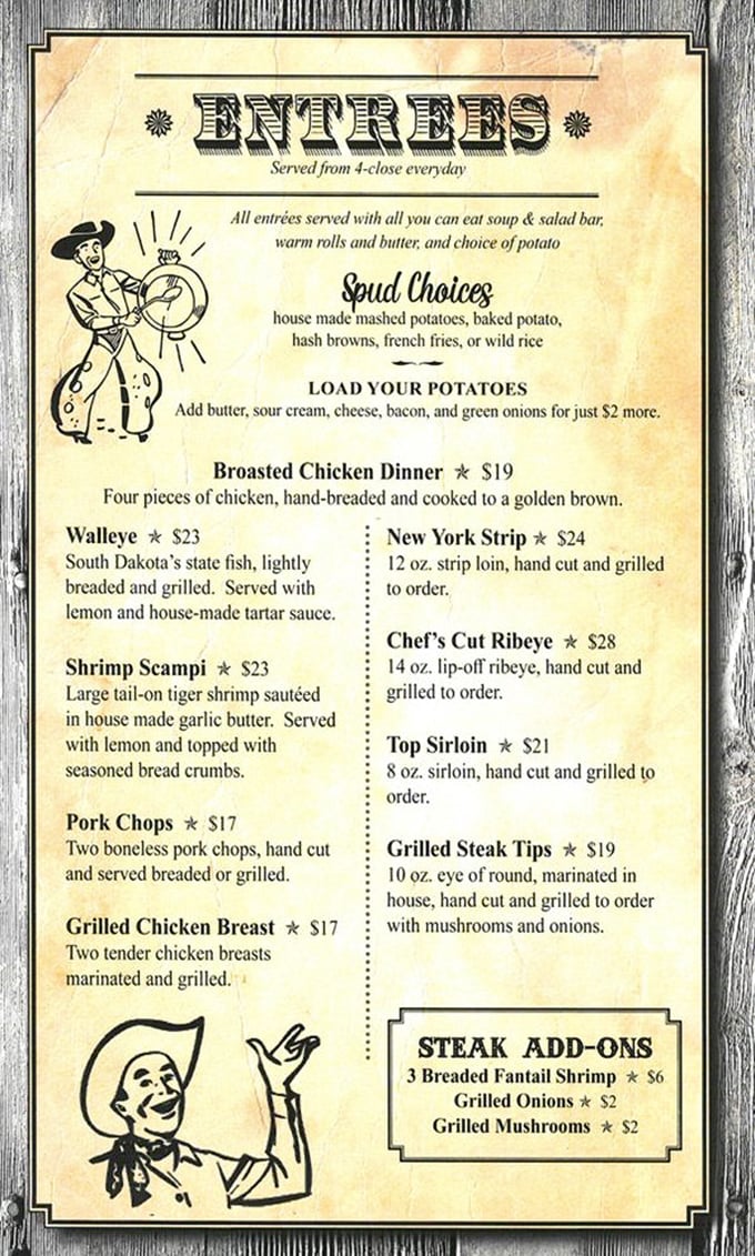 The menu reads like a love letter to Midwestern comfort food, with "Spud Choices" that deserve their own special category in the culinary hall of fame.