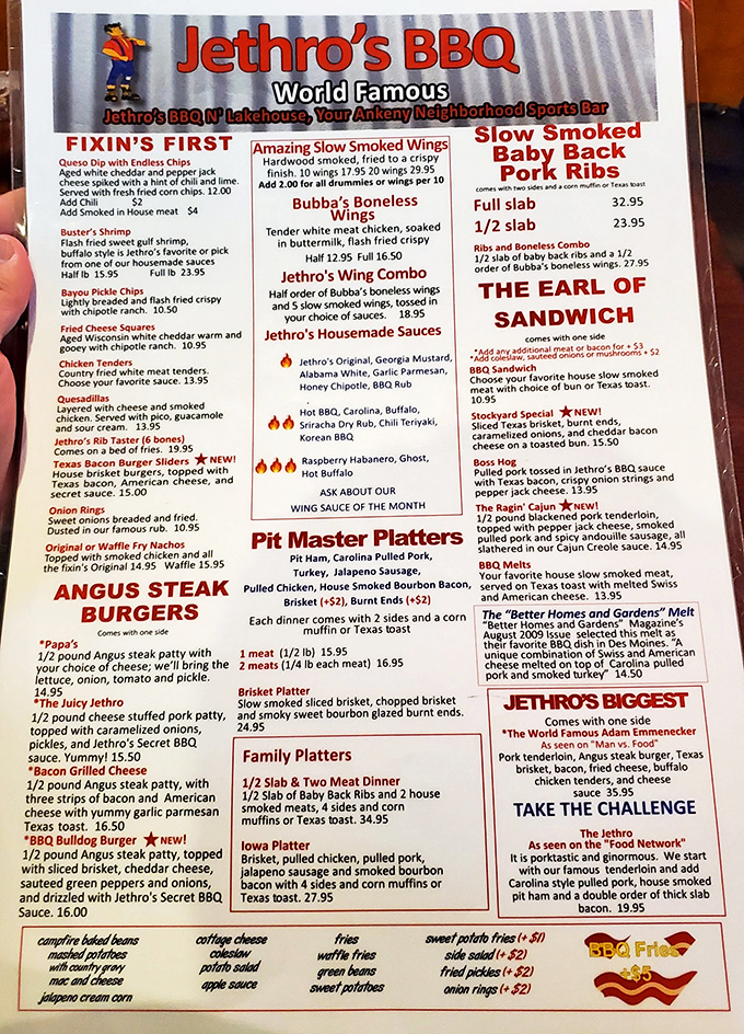 The menu reads like a love letter to smoked meats, with "The Earl of Sandwich" holding court among a royal family of barbecue options.