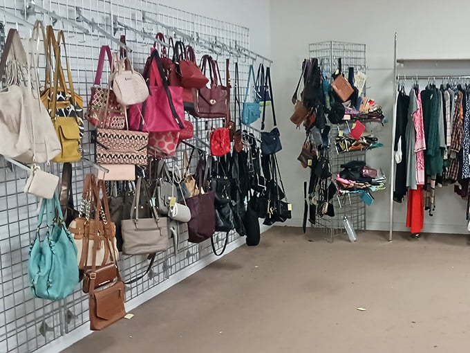 Handbag heaven! This wall of purses and totes represents thousands of dollars in retail value, now available for the price of a casual dinner out.