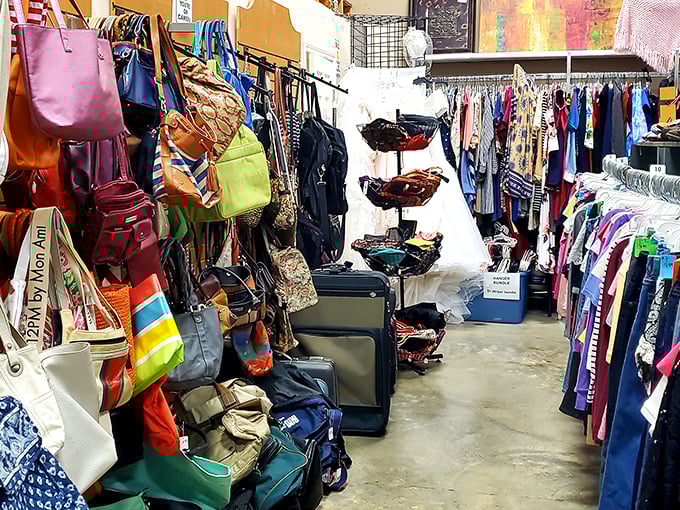 Handbag paradise or Mary Poppins' closet? This colorful collection of purses and luggage could outfit a fashionista for decades.