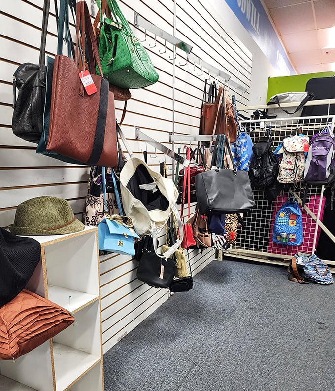 Bag ladies and gents, rejoice! This handbag wall features everything from practical totes to evening clutches that once attended galas and grocery stores alike.