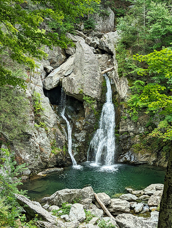 The main event: Bash Bish Falls splits dramatically around ancient boulders before reuniting in a pool that glows with the intensity of a well-cut emerald.