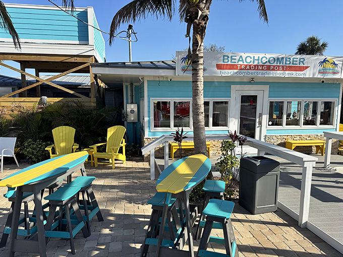 The Beachcomber Trading Post's turquoise and yellow decor screams "Florida vacation" louder than your uncle's flamingo shirt.