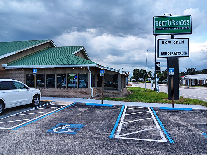 Where everybody knows your name&mdash;Beef 'O' Brady's offers that perfect blend of good food and local camaraderie. The green roof signals "budget-friendly good times ahead." 