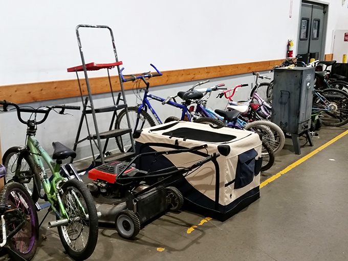 Bikes and outdoor gear line up like soldiers, ready for their next adventure with new owners.