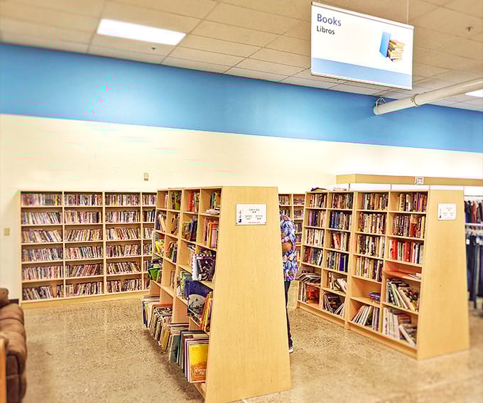 The book section rivals many small-town libraries, with shelves upon shelves of literary treasures waiting for their next chapter in someone's home.