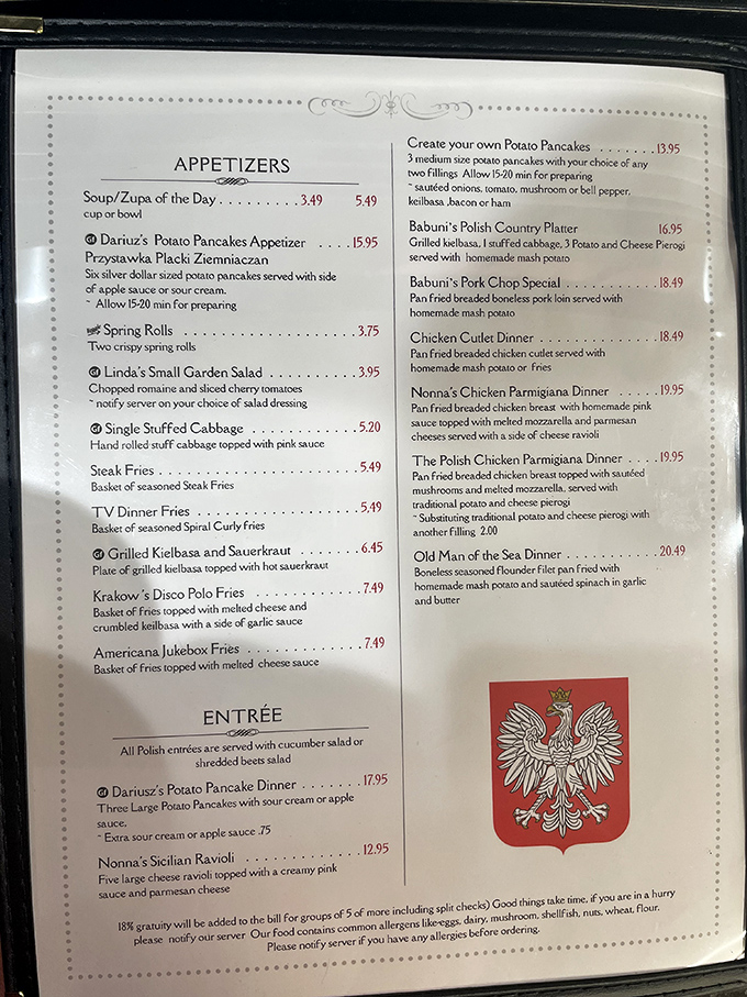 This menu isn't just a list of dishes&mdash;it's a passport to Poland without the jet lag. The Polish eagle watches approvingly as you make impossible choices.