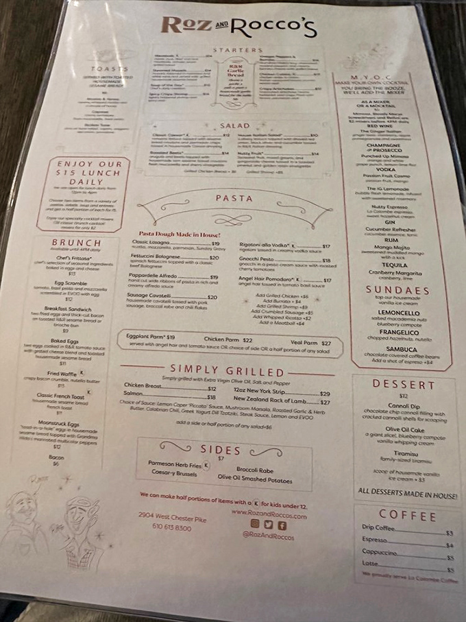 A menu that reads like an Italian love letter. Each dish description whispers "order me" in a way that makes choosing just one feel like Sophie's Choice.