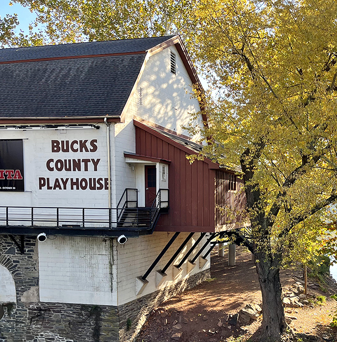 The iconic Bucks County Playhouse perches dramatically over the water like a theatrical guardian of the Delaware. Broadway-caliber shows in a historic grist mill setting.